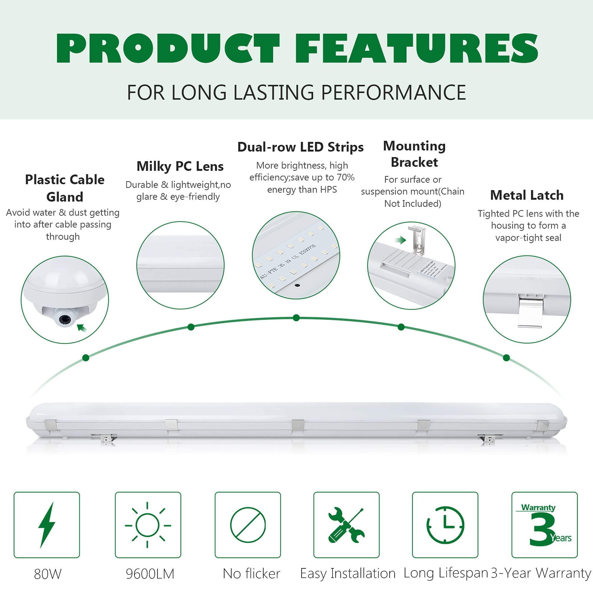 Brillihood 8FT LED Vapor Tight Light Fixture, 90W, 10800LM, IP65 ...