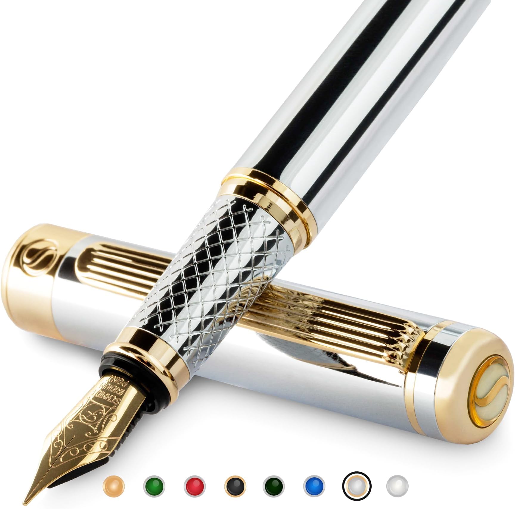 Scriveiner Silver Chrome Fountain Pen - Stunning Luxury Pen, Real Gold ...