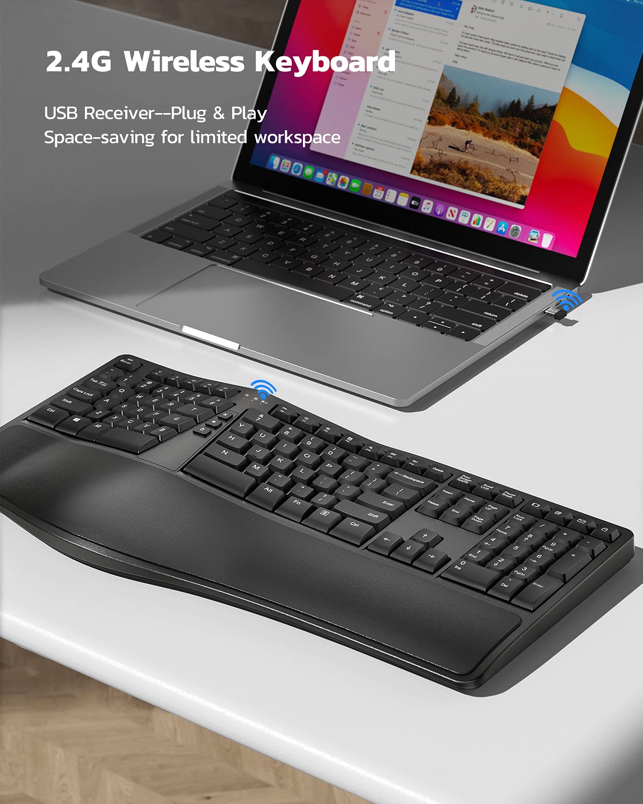 2.4G Wireless Ergonomic Split Keyboard with Pillowed Wrist Rest, USB ...