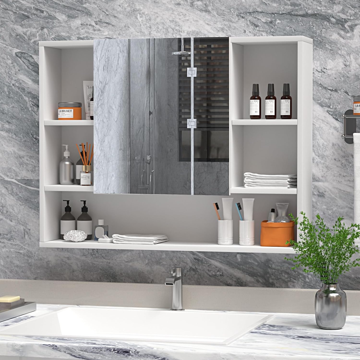Msutree Specchio Bagno Contenitore Mobile Bagno con Specchio con ...