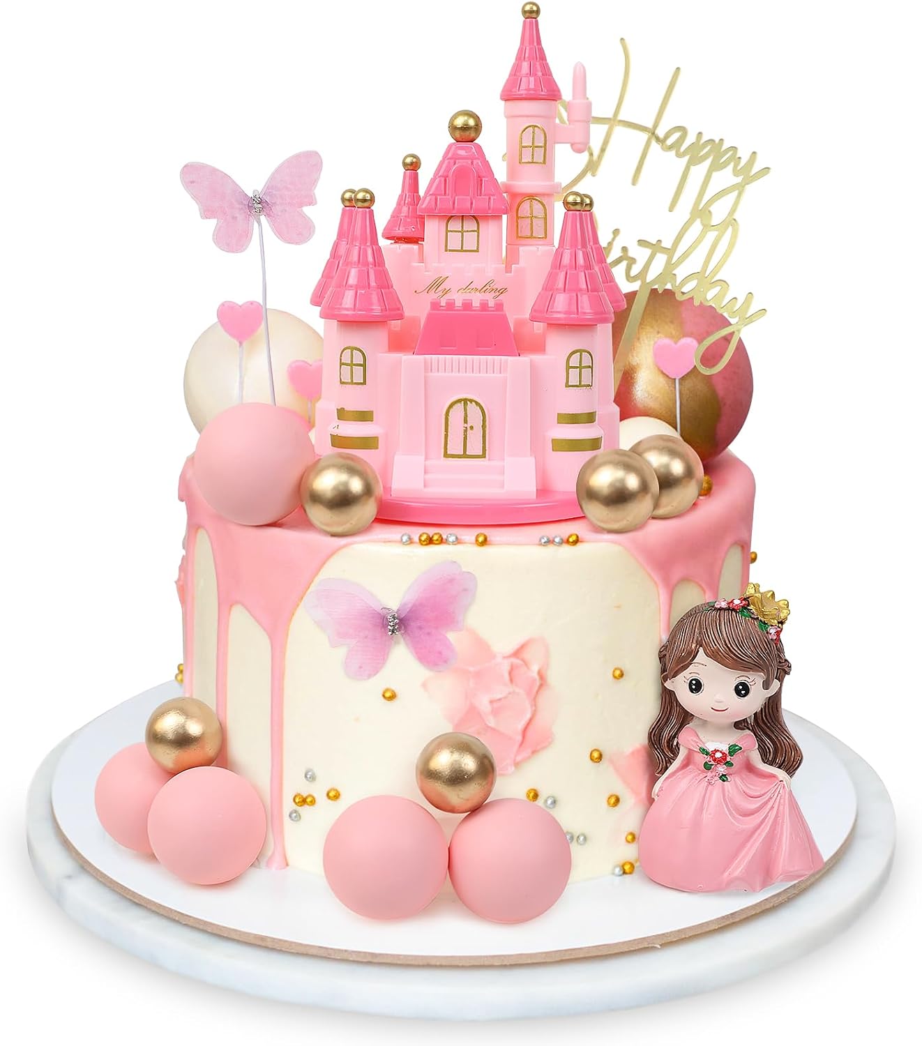 LACGO Princess Castle Cake Toppers Pink 18pcs with Organza Butterfly ...