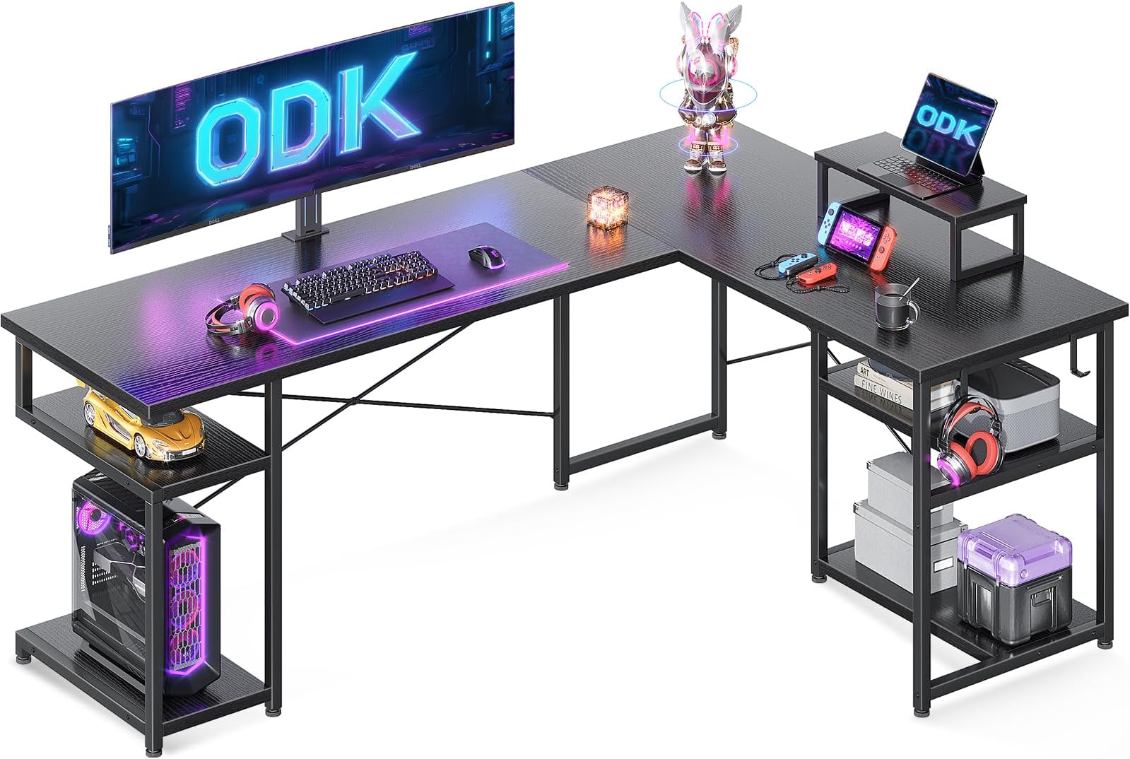 ODK Corner Desk, L Shaped Desk with Storage & Hooks, Computer Gaming ...