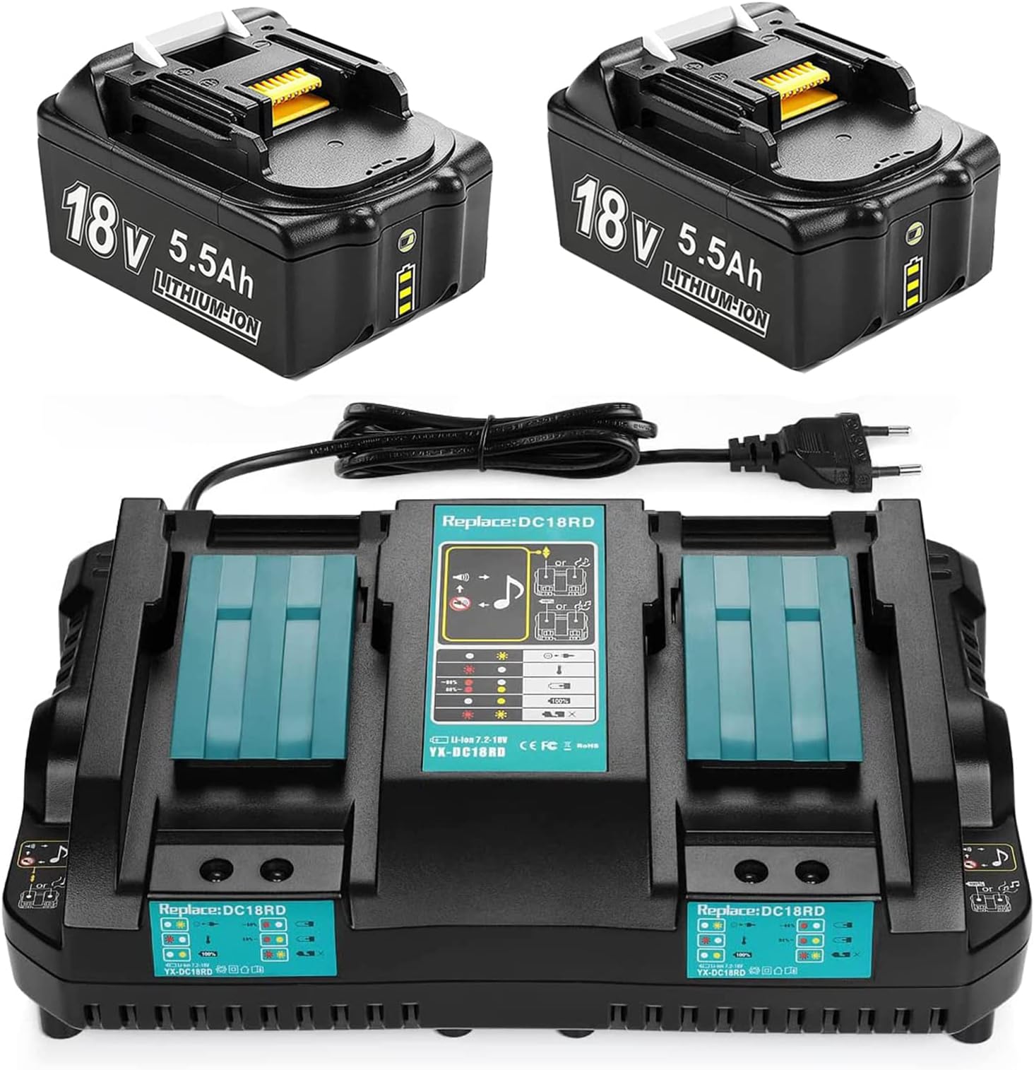 Pack of 2 18 V 5500 mAh Li-ion replacement battery +DC18RD 9A dual port charger for Makita 18 V ...