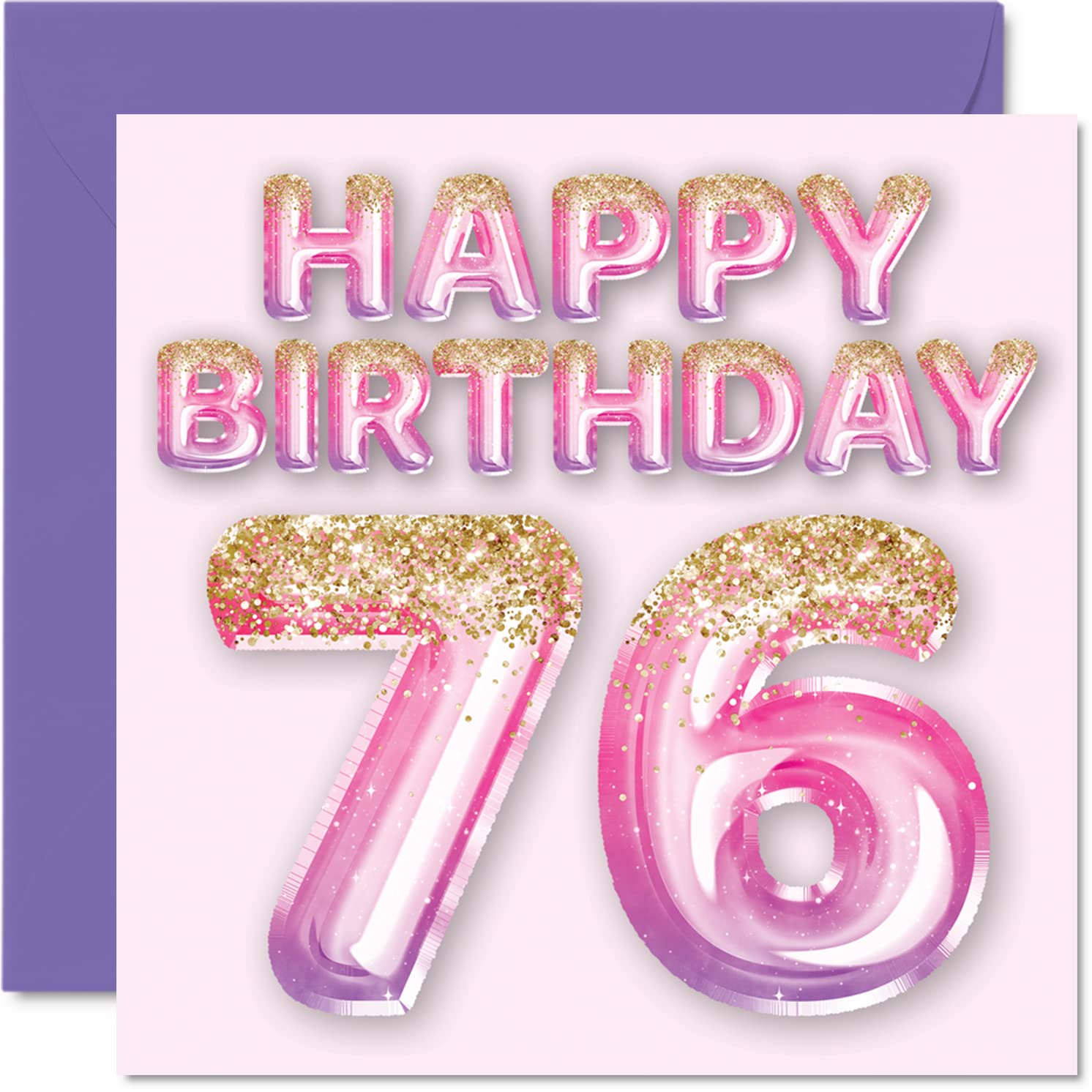 76th Birthday Card for Women - Pink & Purple Glitter Balloons - Happy ...
