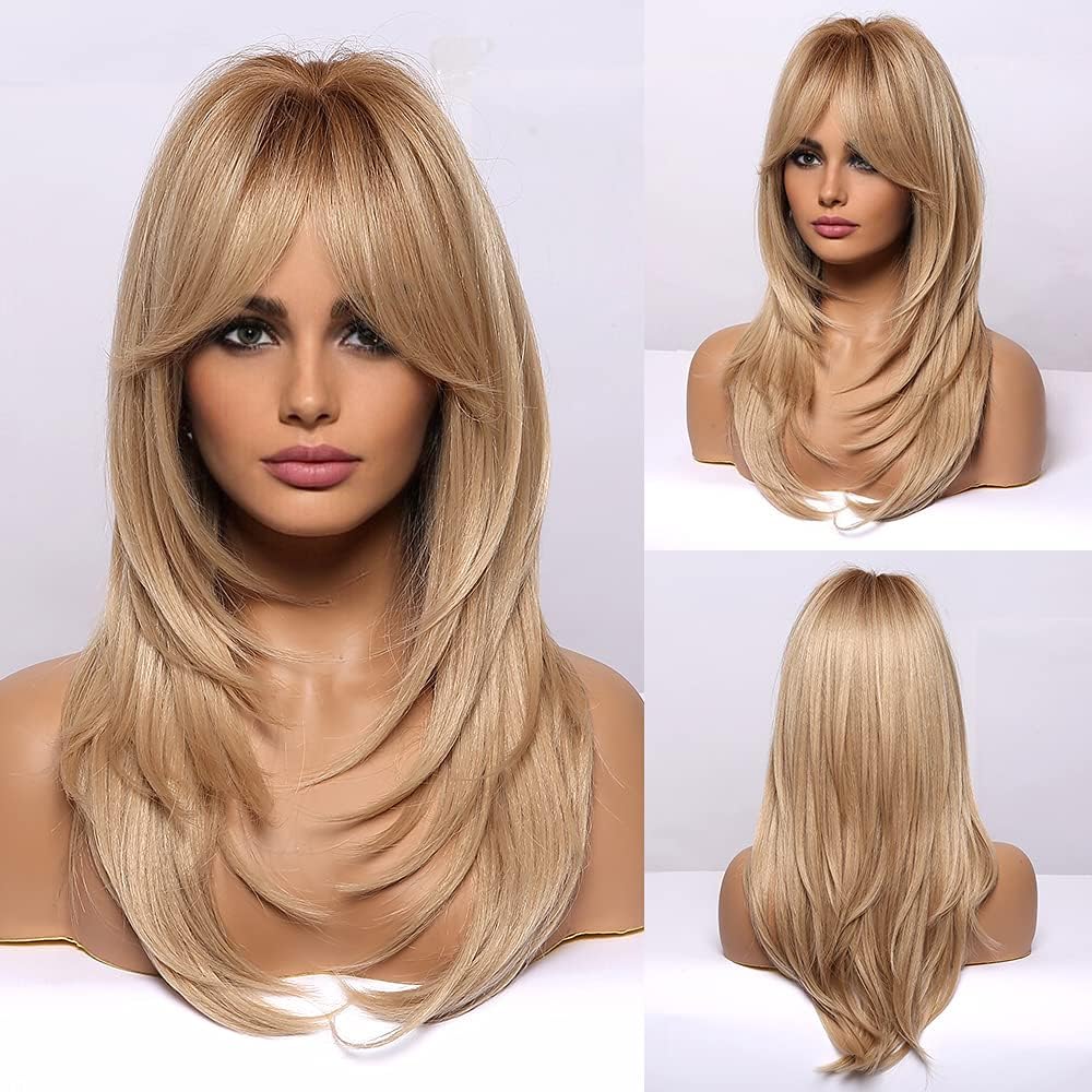 Amazon.com : HAIRCUBE Long Blonde Wig with Bangs,Medium Length Ombre ...