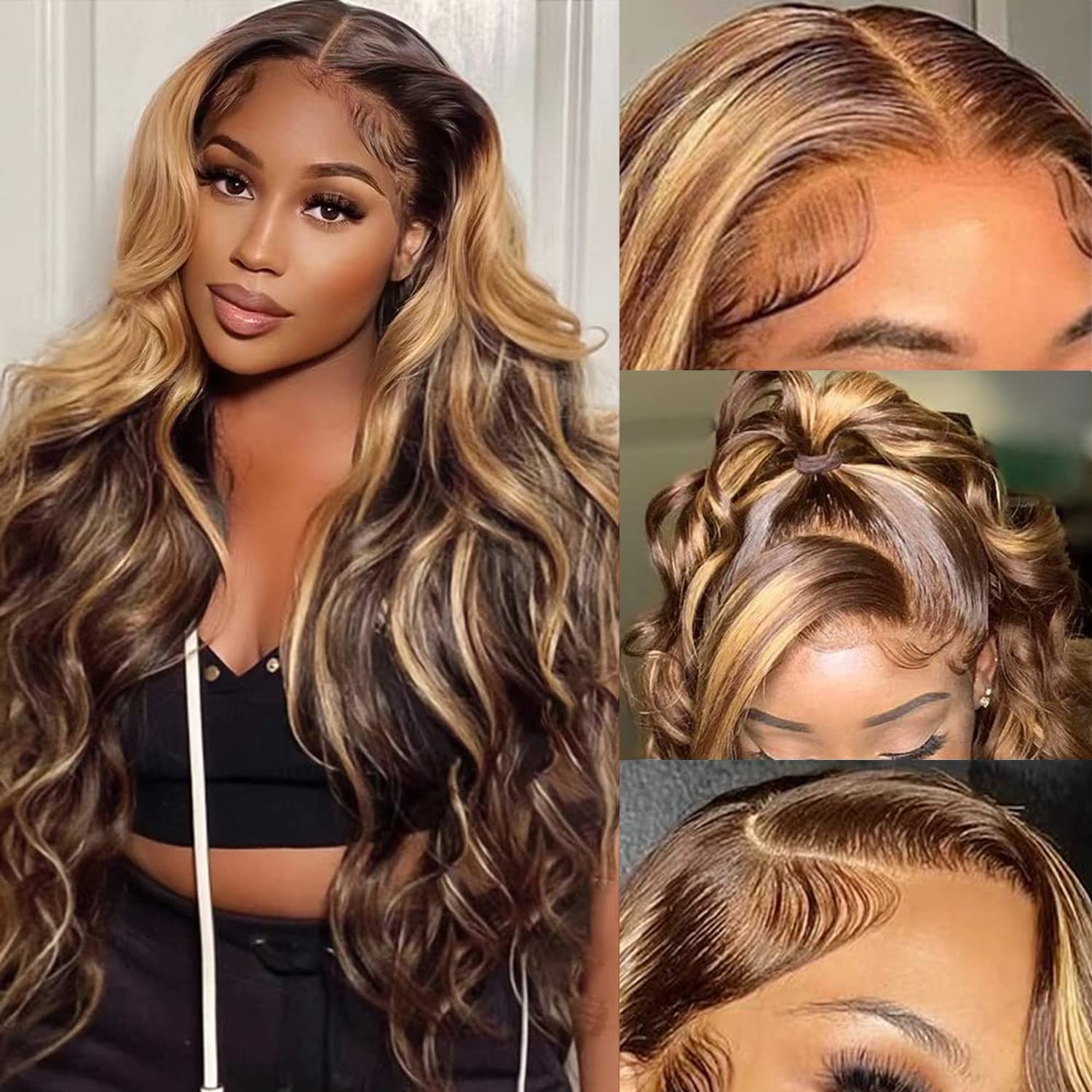 Amazon.com : Aicrelery Highlight 4/27 13x6 Body Wave HD Transparent Lace Front Wigs Human Hair ...