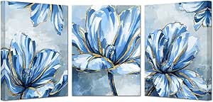 Amazon.com: KREATIVE ARTS Canvas Set of 3 Wall Art Flower Triptych Artwork Modern Gray Blue ...