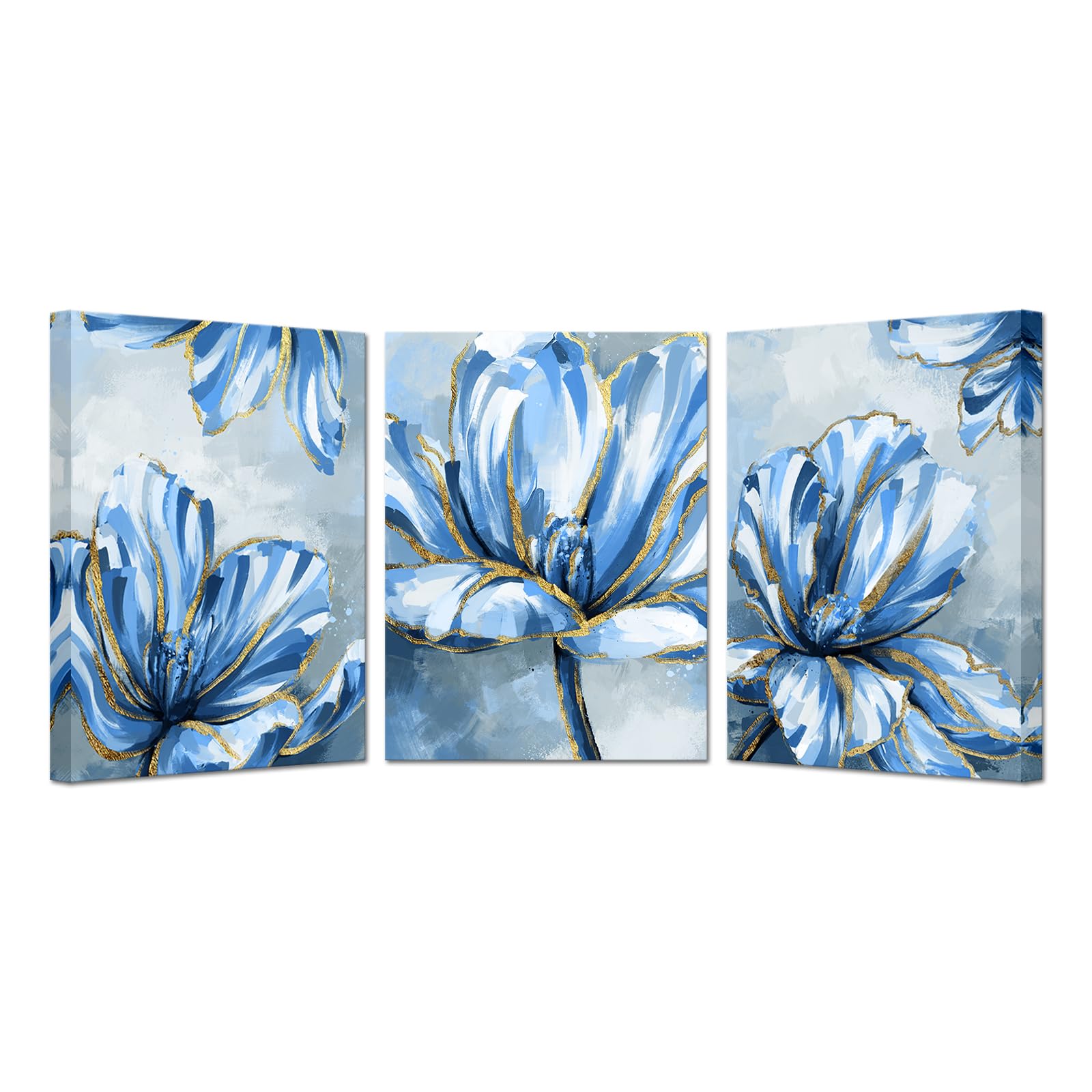 Amazon.com: KREATIVE ARTS Canvas Set of 3 Wall Art Flower Triptych Artwork Modern Gray Blue ...