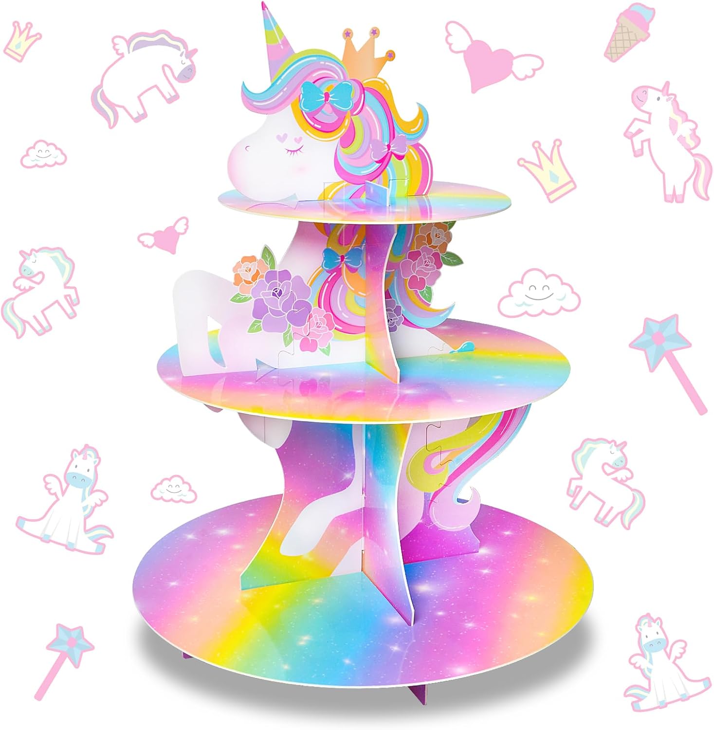 Unicorn Cupcake Stand, 3-Tier Cardboard Cupcake Stand Party Decorations ...