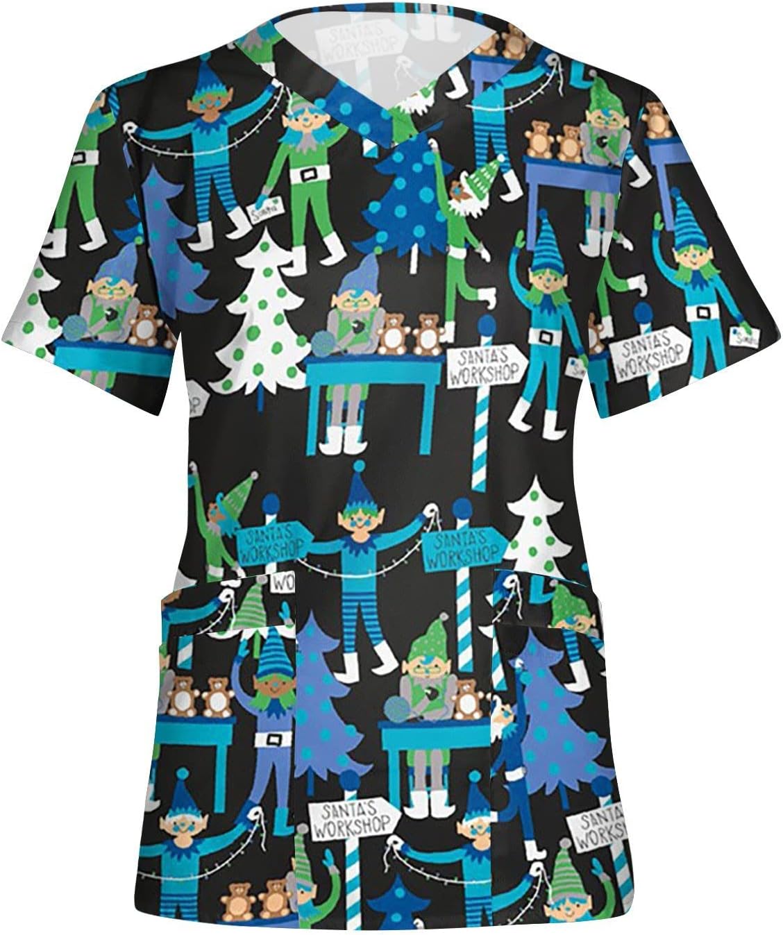 Amazon.com: Christmas Scrub Tops Women Funny Xma Tree Snowflakes ...