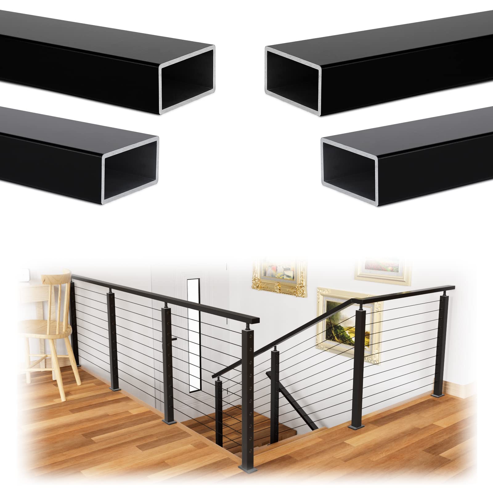 Muzata 4Pack 6'6" Aluminum Handrail Black Rectangular Handrail Flat Top ...