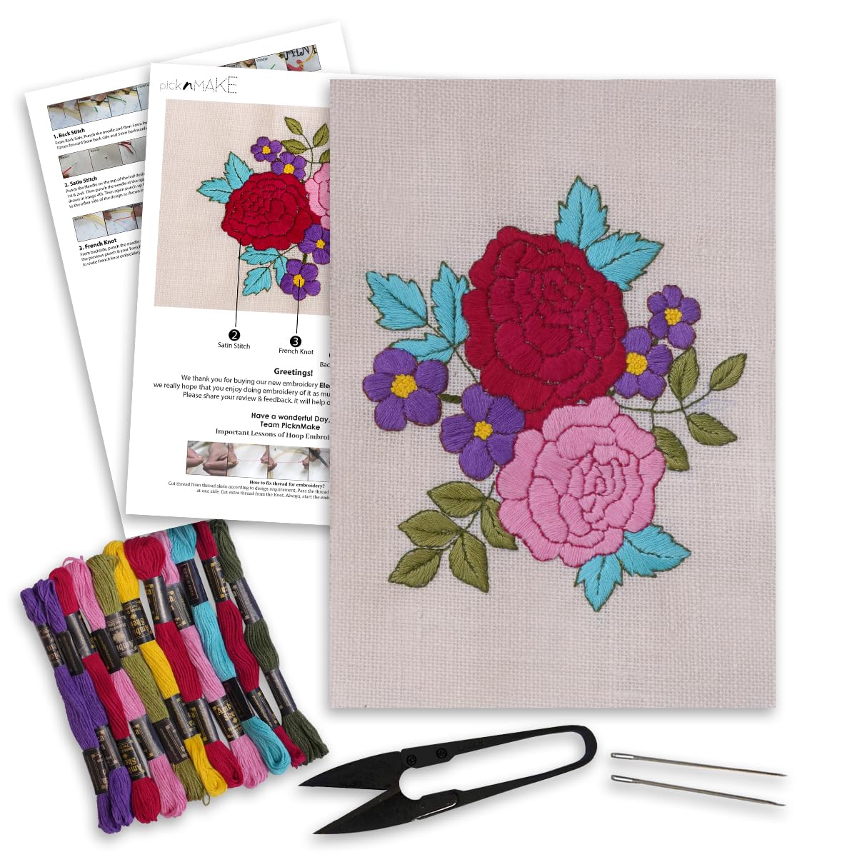 picknMAKE Hoop-Free Needle Stitch Elegant Blooms DIY Hand Embroidery ...