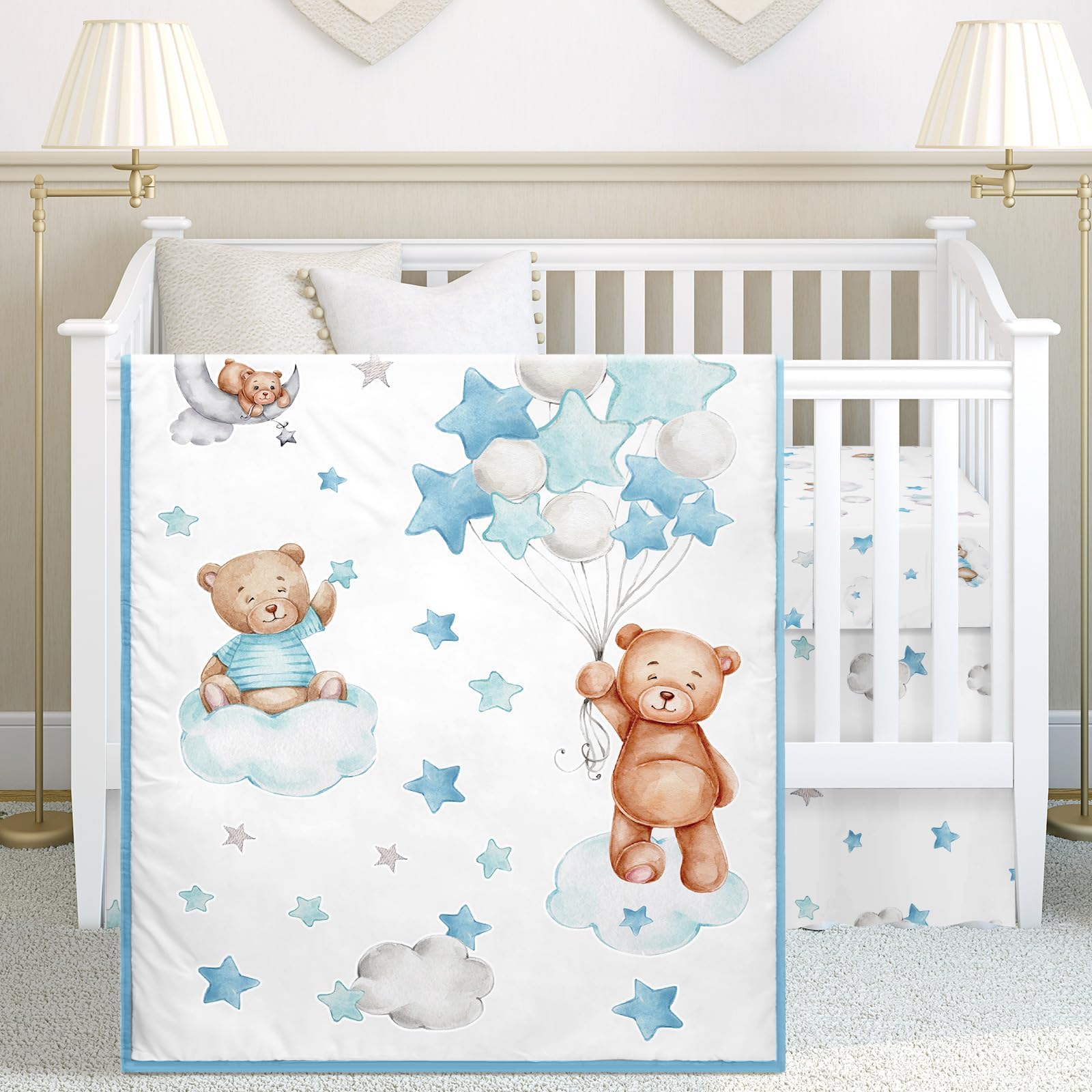 Amazon.com: Mixweer 3 Pcs Cloud Balloon Bear Theme Crib Bedding Set for Boys Baby Nursery Mini ...