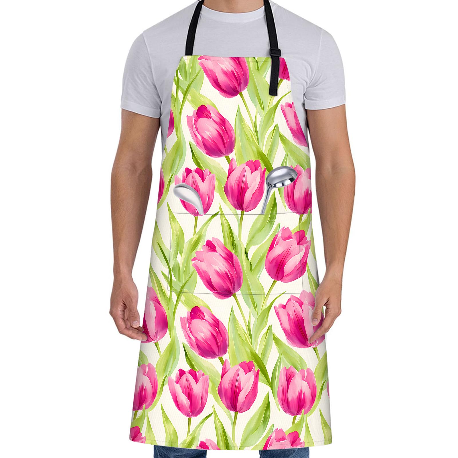 Amazon.com: ainori Floral Apron for Women with Pink Tulip,28x33in ...