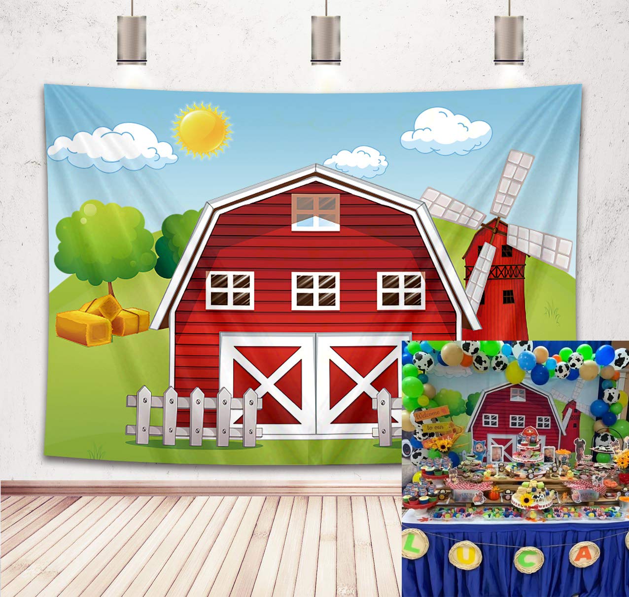 Buy Botong 7x5ft Cartoon Farm Photography Backdrop Red Barn Windmill ...