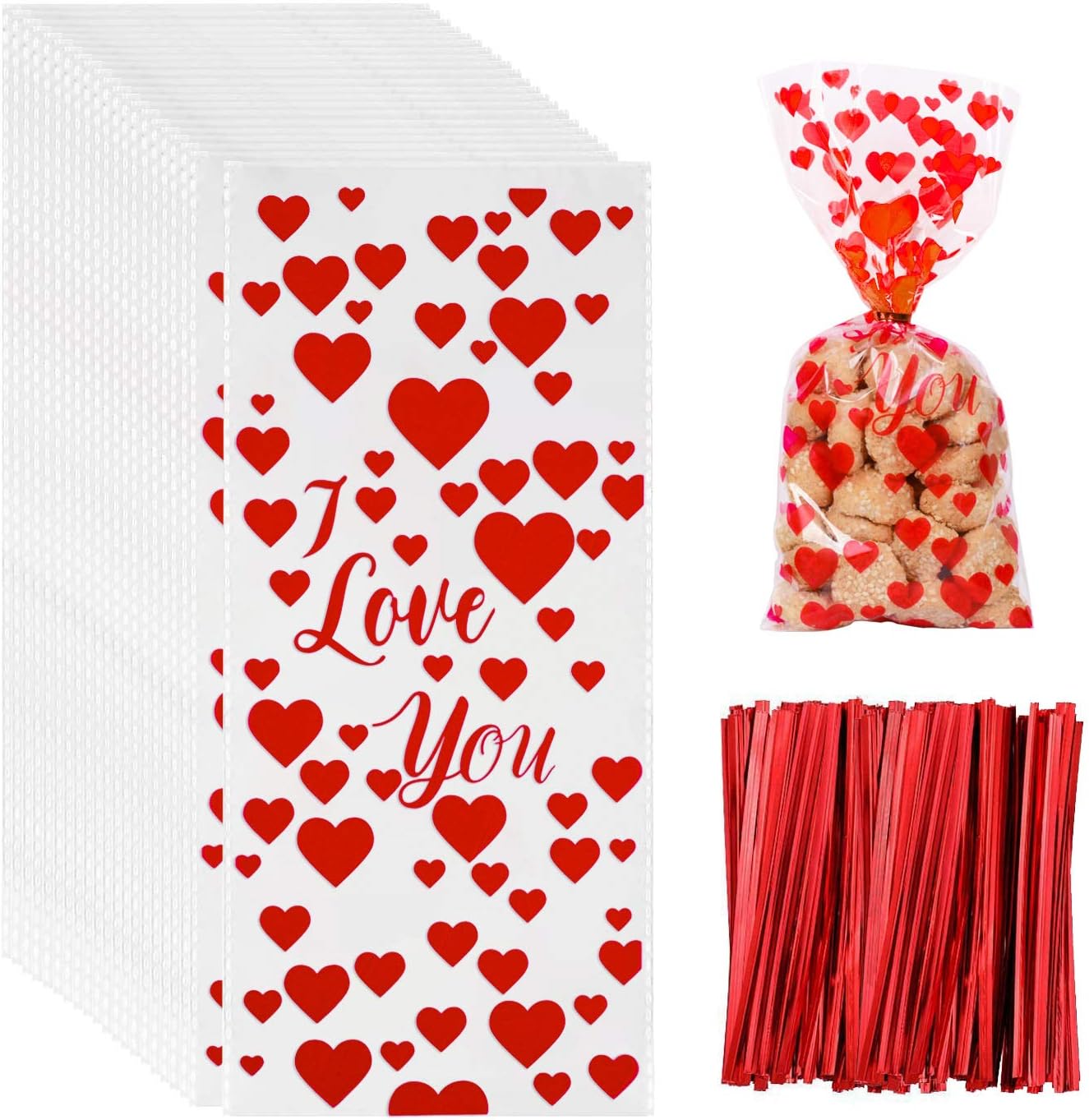 Amazon.com: 100 Pieces Valentine Cellophane Bags Heart Treat Bags Candy ...