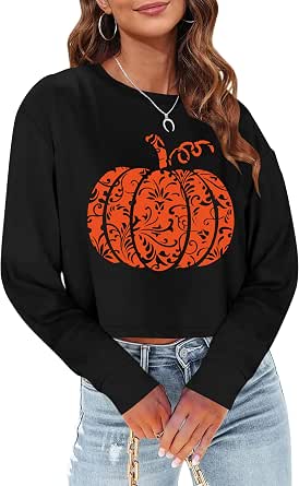 LAZYCHILD Women's Halloween Crop Top Pumpkin Graphic Long Sleeve Funny ...