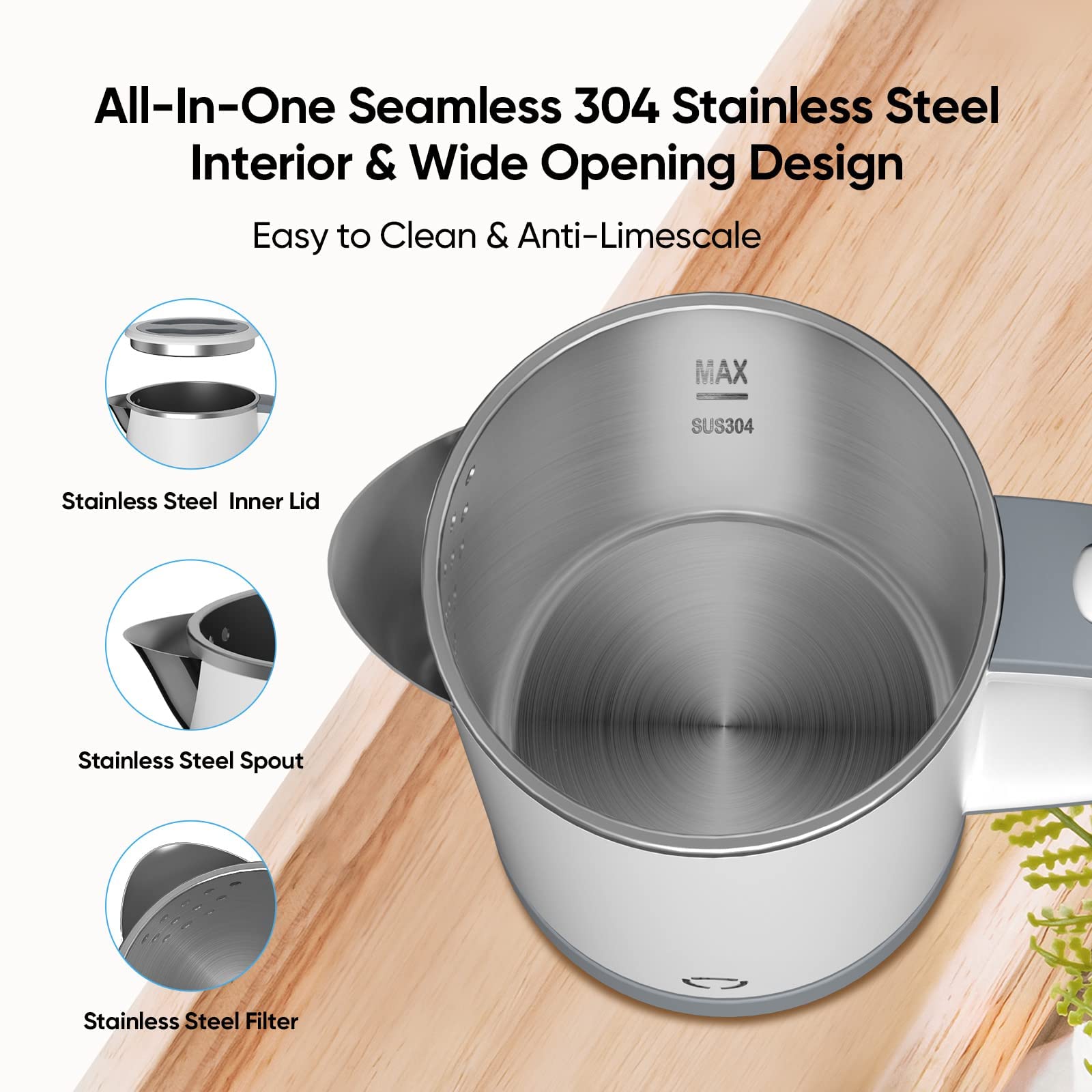 EVATEK Small Electric Kettle, Travel Mini Hot Water Boiler Heater, 304 Stainless Steel 0.8L ...