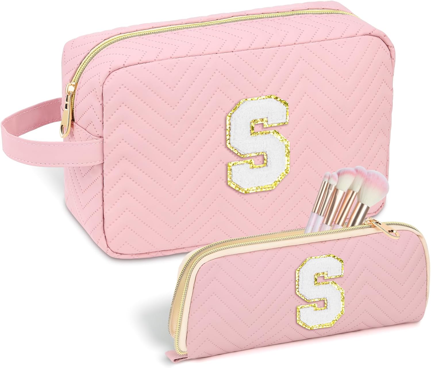 Amazon.com: Personalized Initial Cute Makeup Bag Pink Cosmetic Bag ...
