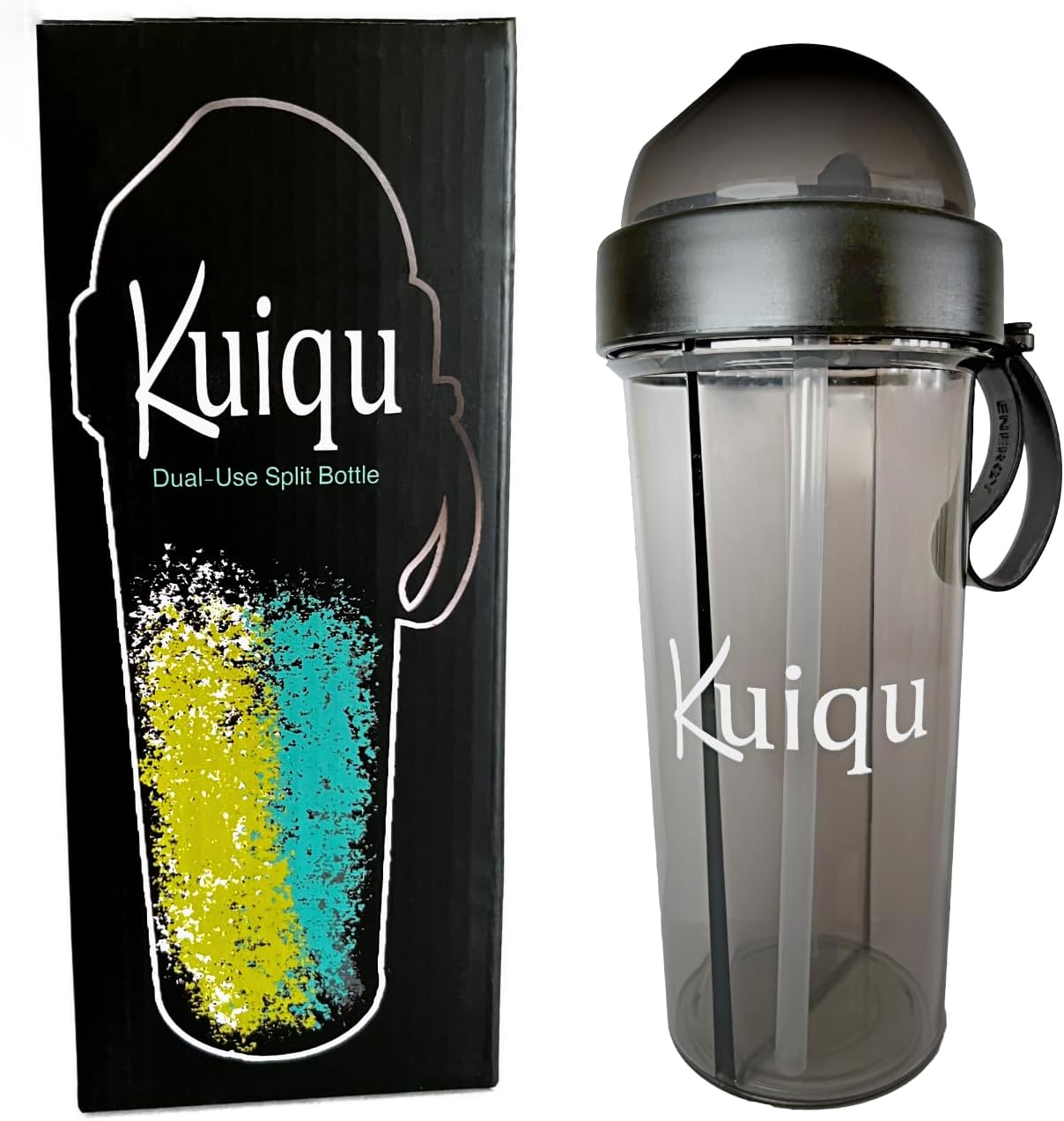 Amazon.com: Kuiqu 600ml Split Bottle with 2 Straws, Two Drinks in One, Leak-Proof, for Cold and ...