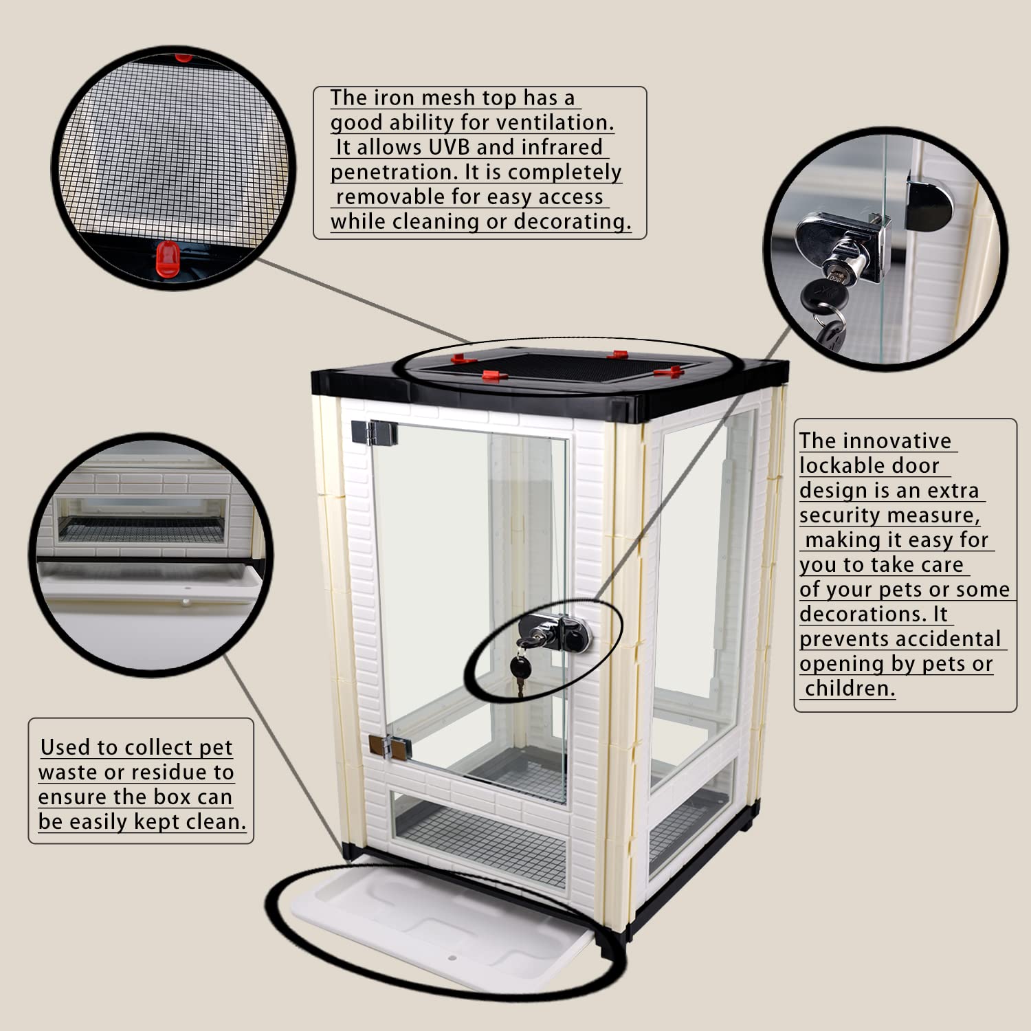 crapelles Large Pet Cage Tank, 15.7" x 15.7" x 23.6" Knock Down Reptile Tank, Reptile Terrarium ...