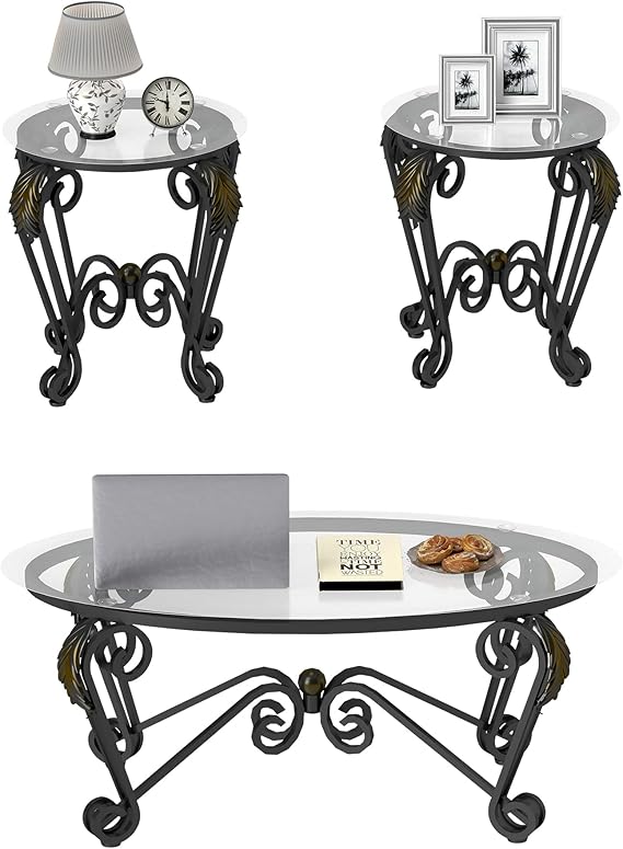 Amazon.com: VFY Glass Coffee Table Set of 3, Oval Toughened Glass ...