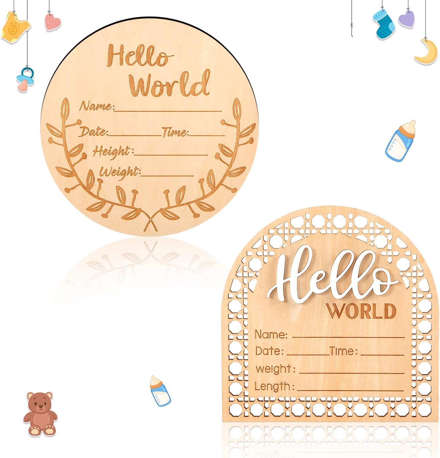 Amazon.com: 2pcs Baby Announcement Sign, Hello World Wooden Newborn ...