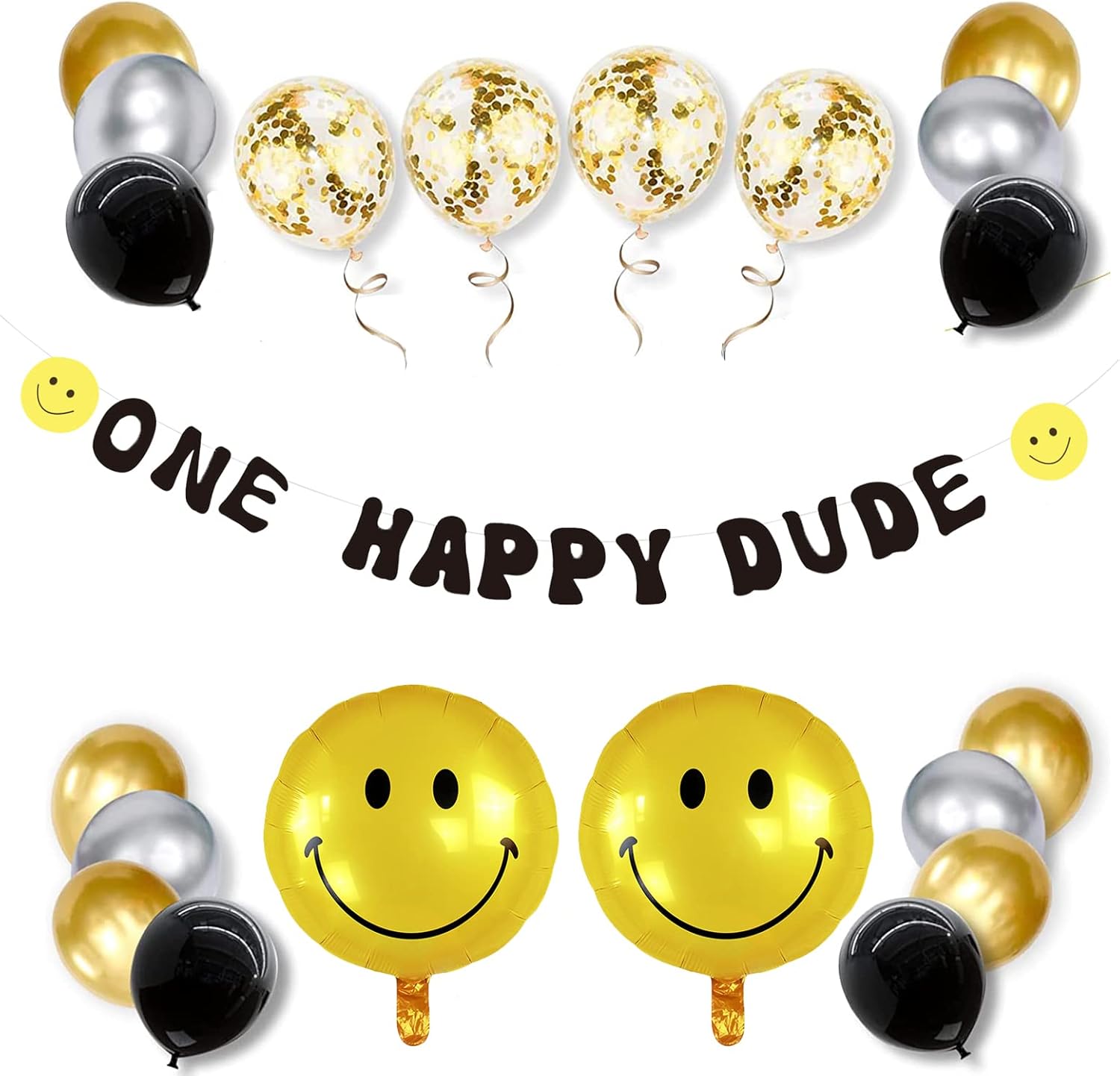 Amazon.com: One Happy Dude Balloon Set, 40" Black One Smile Face ...