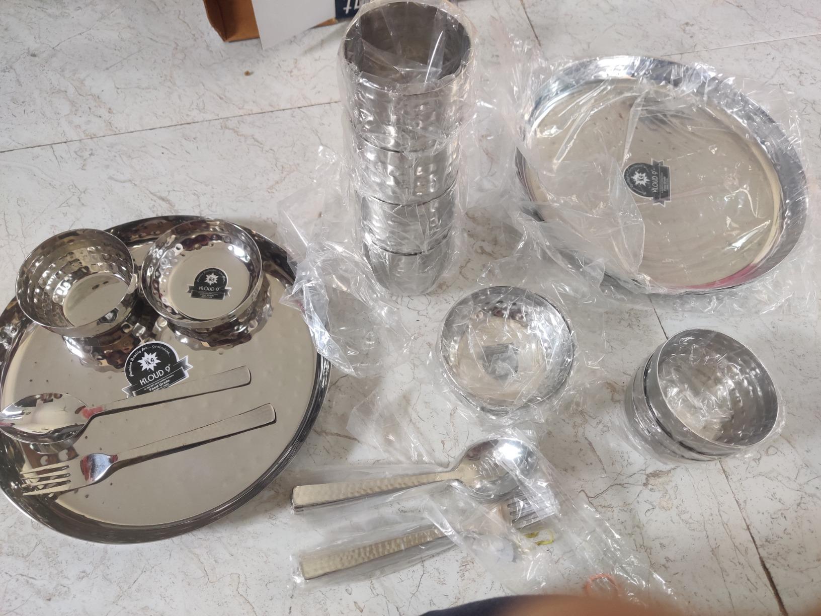 KLOUD9 Stainless Steel Hammered Dawat Dinner Set (Silver) - Pack of 24 ...