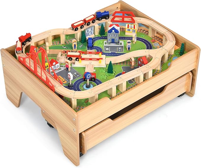 Amazon.com: Wooden Train Set w/Storage Drawer, Train Set Table w/Tracks ...