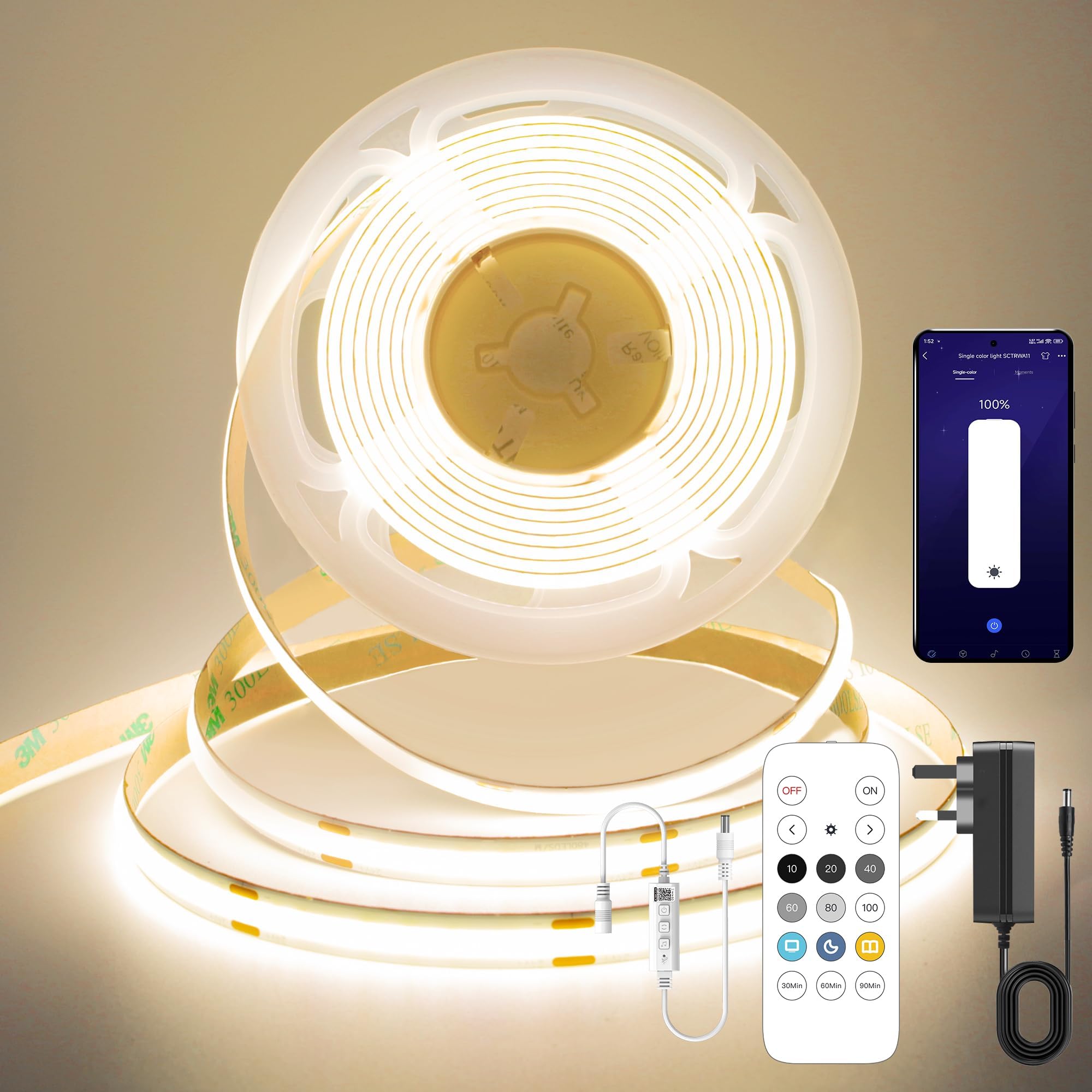 FUIQI COB LED Strip 5M,Dimmable Dotless LED Strip Lights with Smart App ...