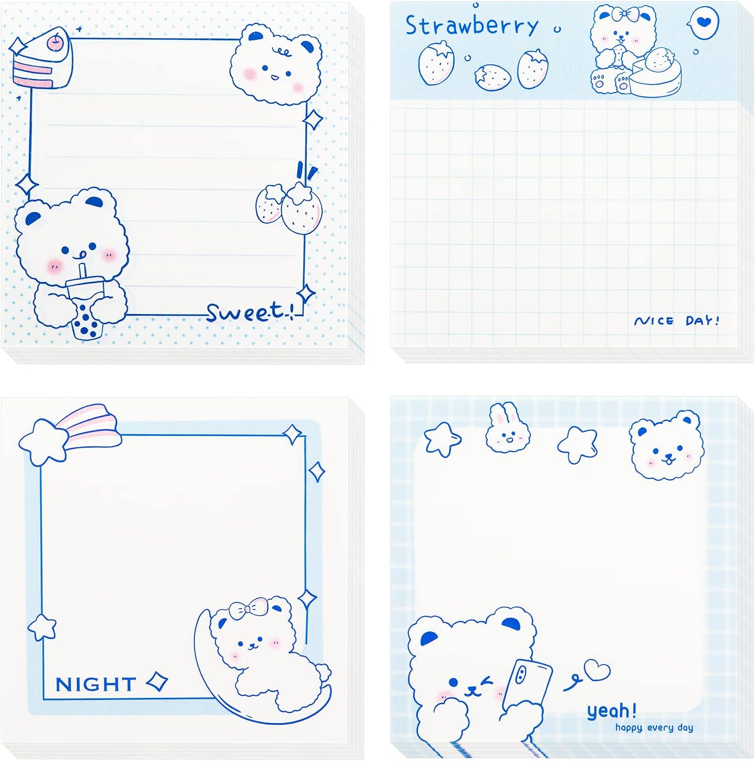 TIESOME Cute Sticky Notes, 4 Pack Cartoon Sticky Notes Cute Bear ...