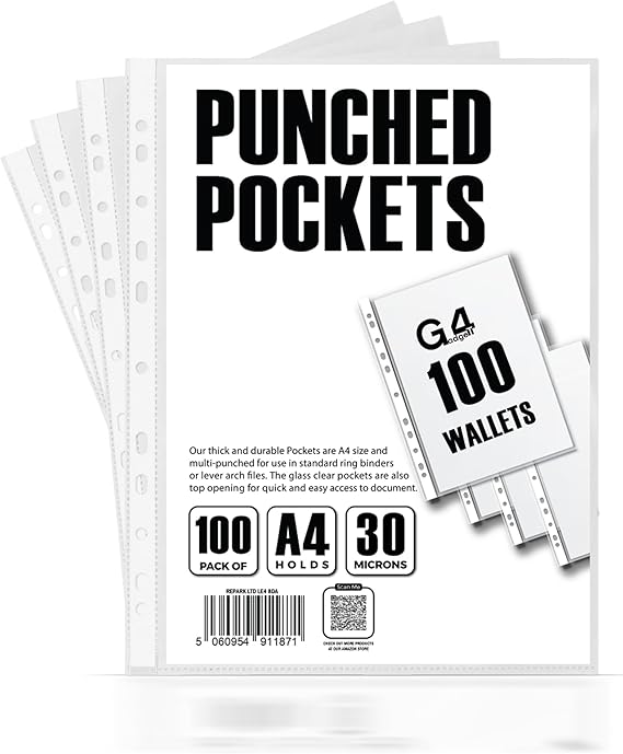 100 Pcs A4 Plastic Punched Punch Pockets 30 Micron for Folders Filing ...