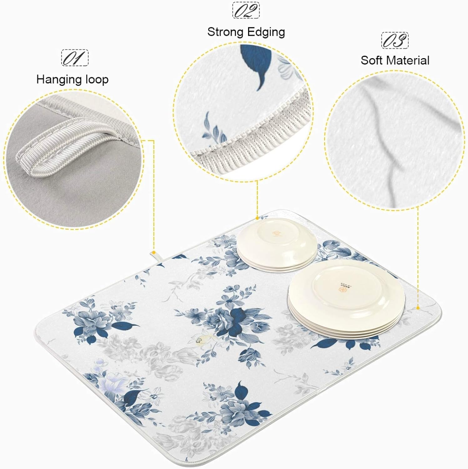 Tarity Tapete de secado de platos de flores azules de acuarela para ...