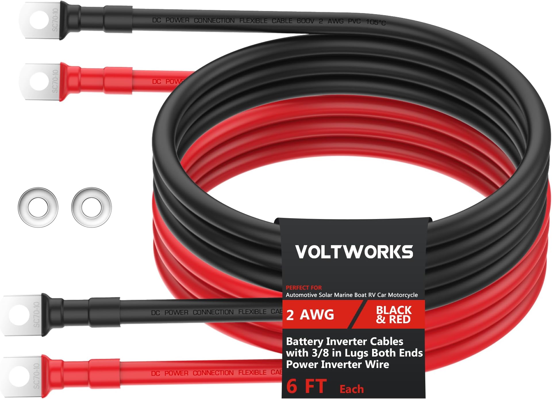 Amazon.com: 2 AWG Gauge Red + Black Pure Copper Battery Inverter Cables ...