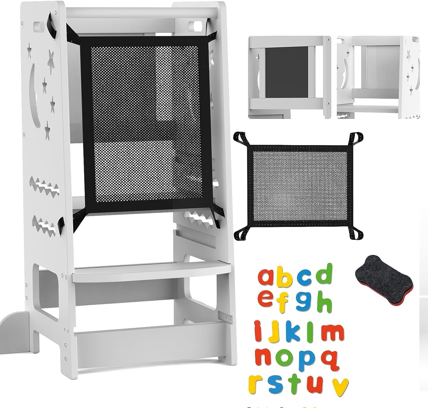 Wooden Kitchen Step Stool, 3 Heights Adjustable Toddler Standing Tower ...