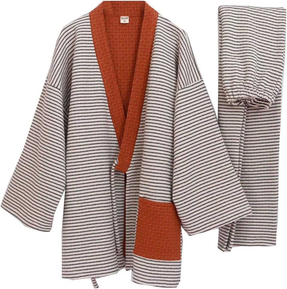 thefancypumpkin Men's Japanese Style Robes Loose Thicker Warm Winter Kimono Pajamas Suit-A Wine ...