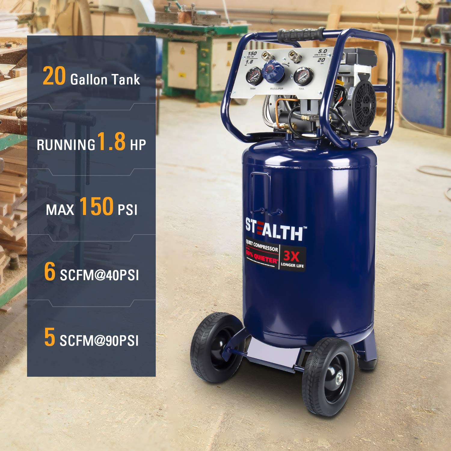 Stealth 20 Gallon Ultra Quiet Air Compressor,1.8 HP Oil-Free Peak 150 ...