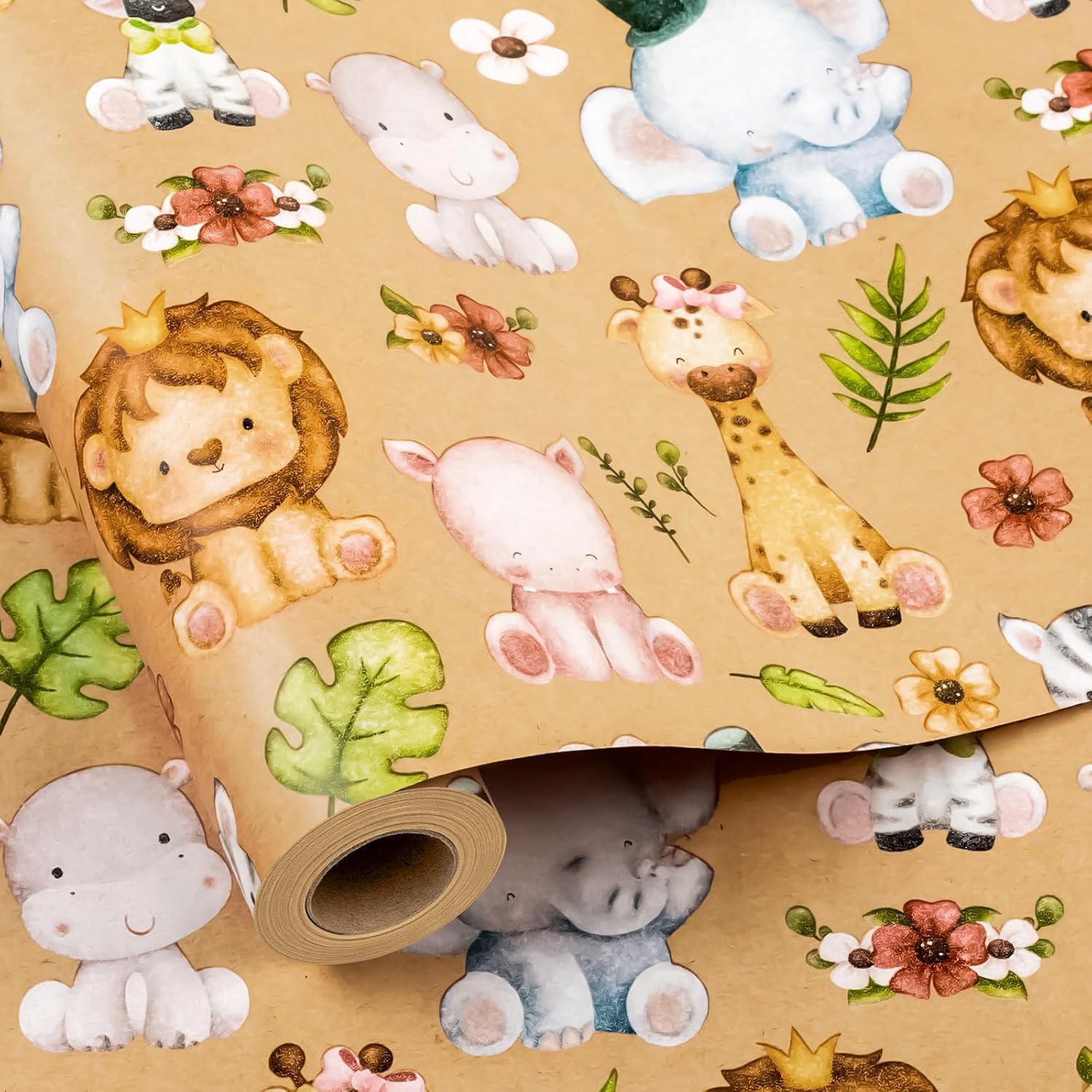 Amazon.com: Yarcony Kraft Baby Shower Wrapping Paper, Jungle Animals ...