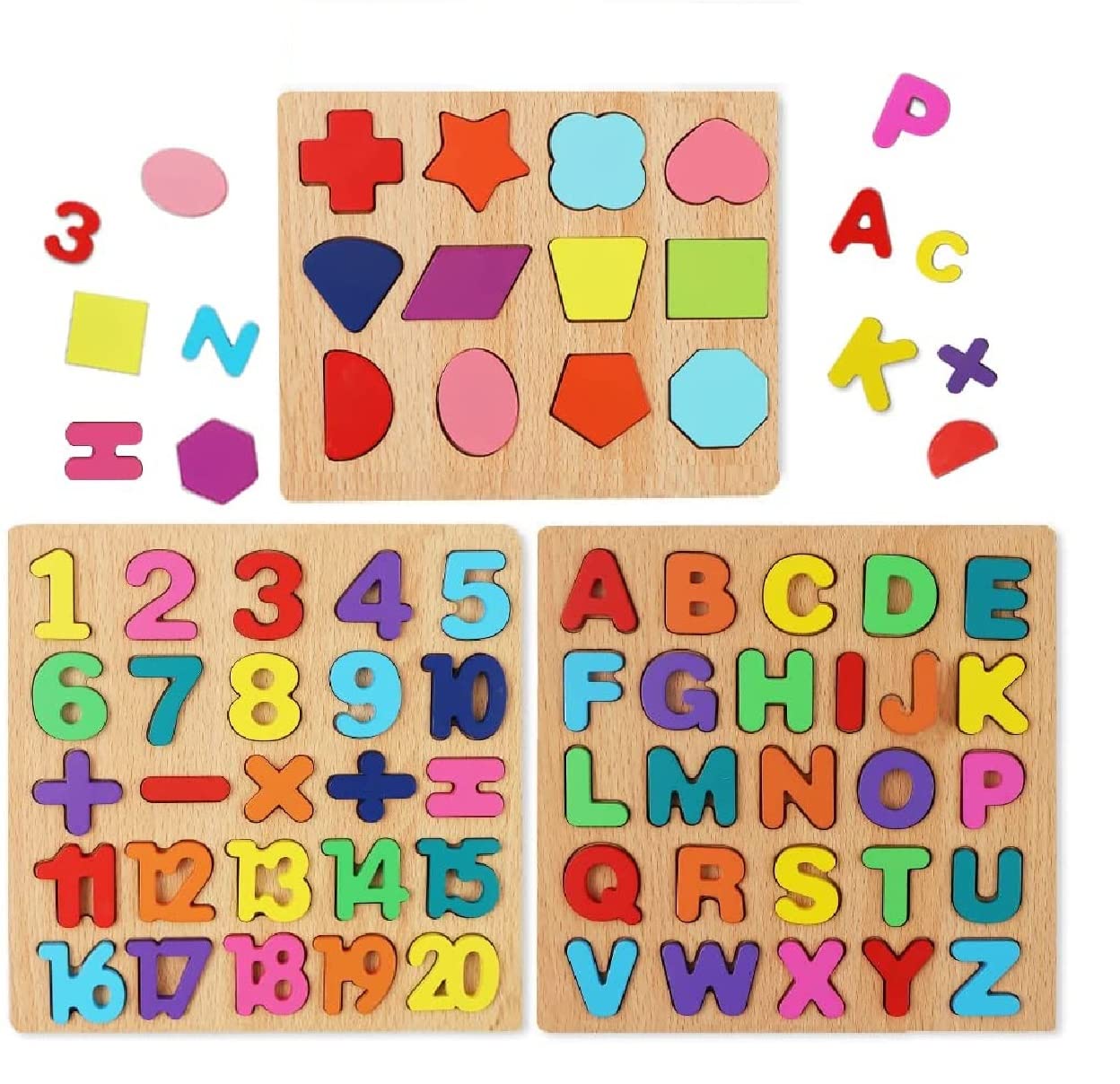 AUTHFORT Wooden Alphabet Puzzles Numbers Count Board Blocks 3 Sets Game ...