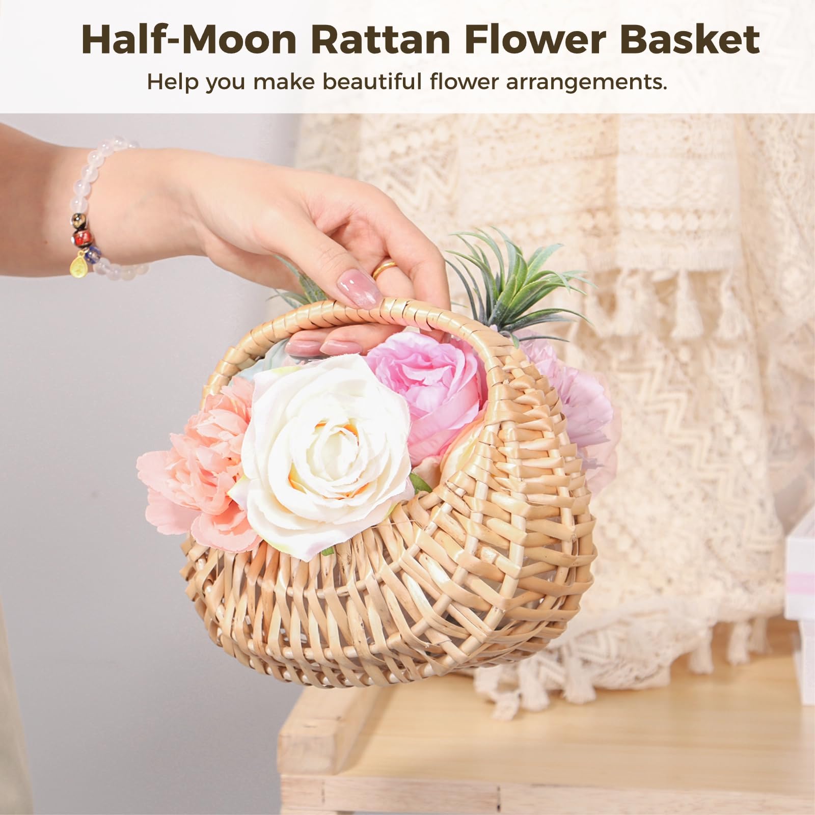 Snapklik.com : 3 Pcs Rattan Flower Baskets, Small Half-Moon Wicker Baskets