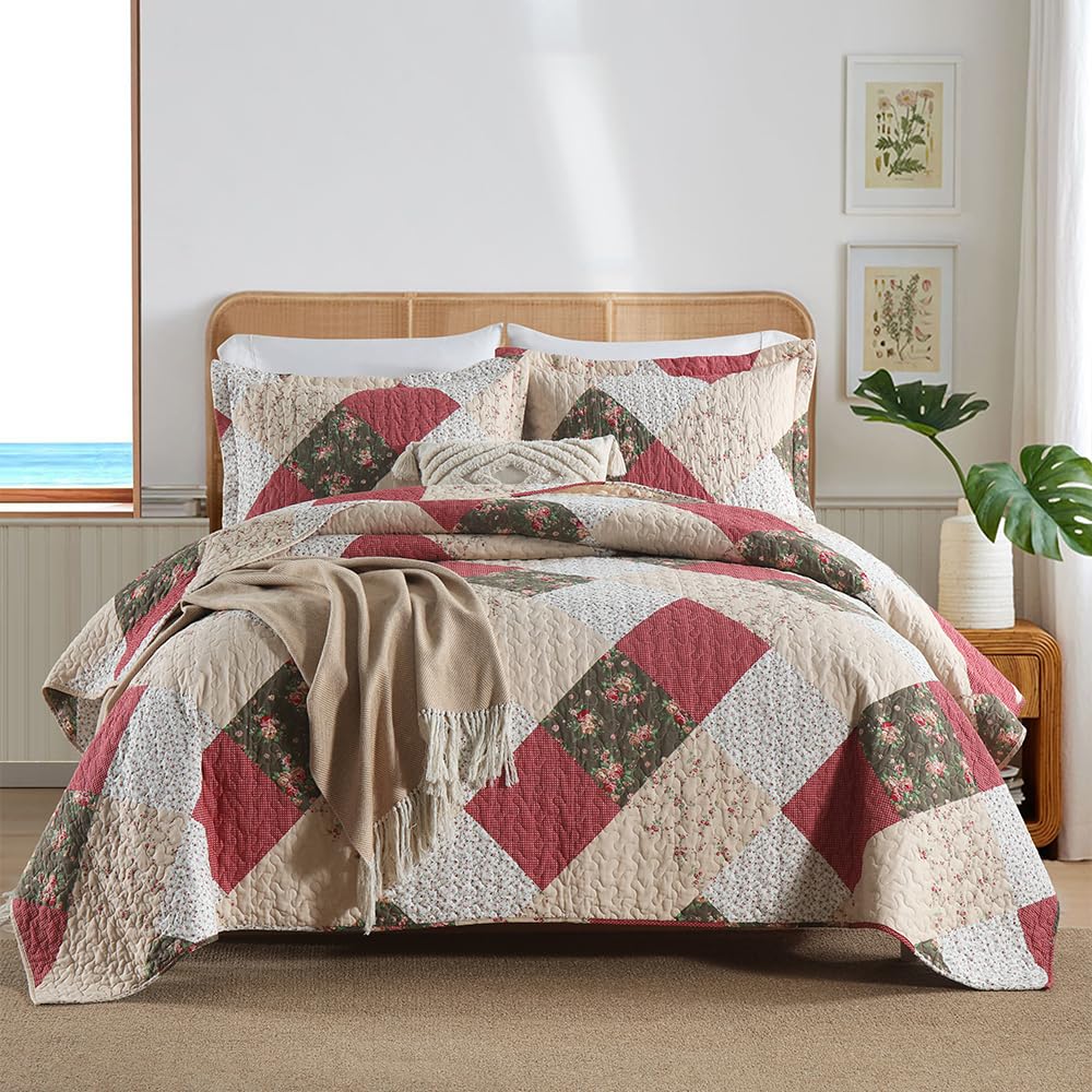 Amazon.com: ENASAL Cotton Bedspread Quilt Bedding Sets Reversible ...