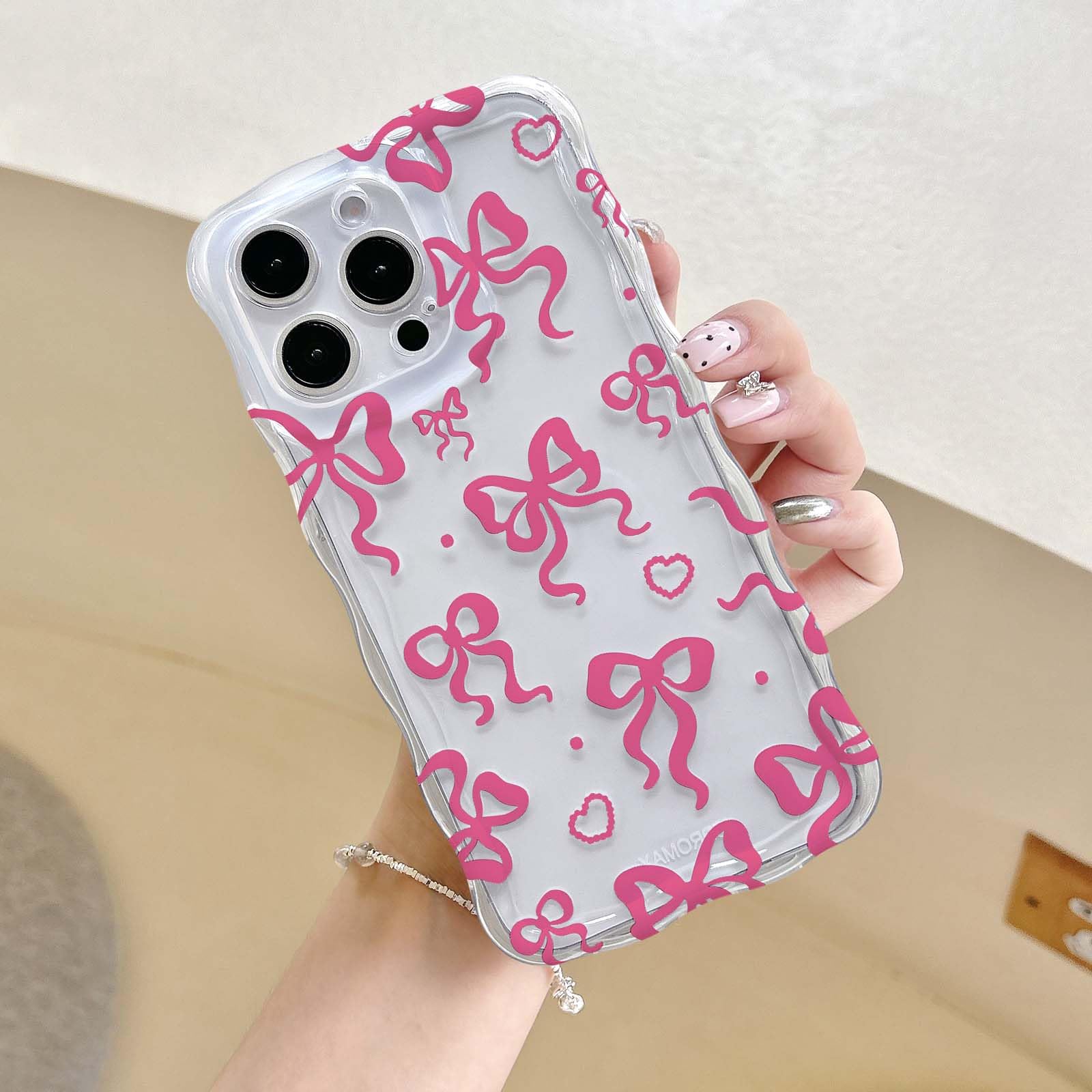 Amazon.com: UEEBAI Cute Bow Case for iPhone 16 Pro Max, Wavy Ribbon Bow ...