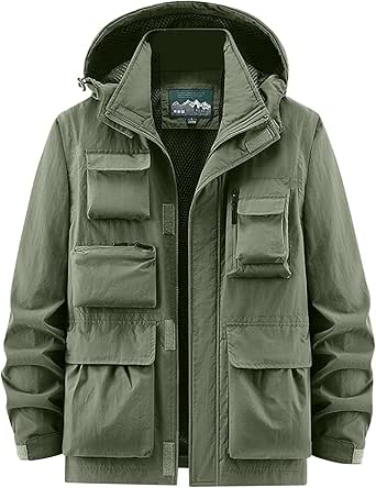 2023 Mens Trench Coat Multiple Pockets Full Zip Up Cargo Windbreaker ...