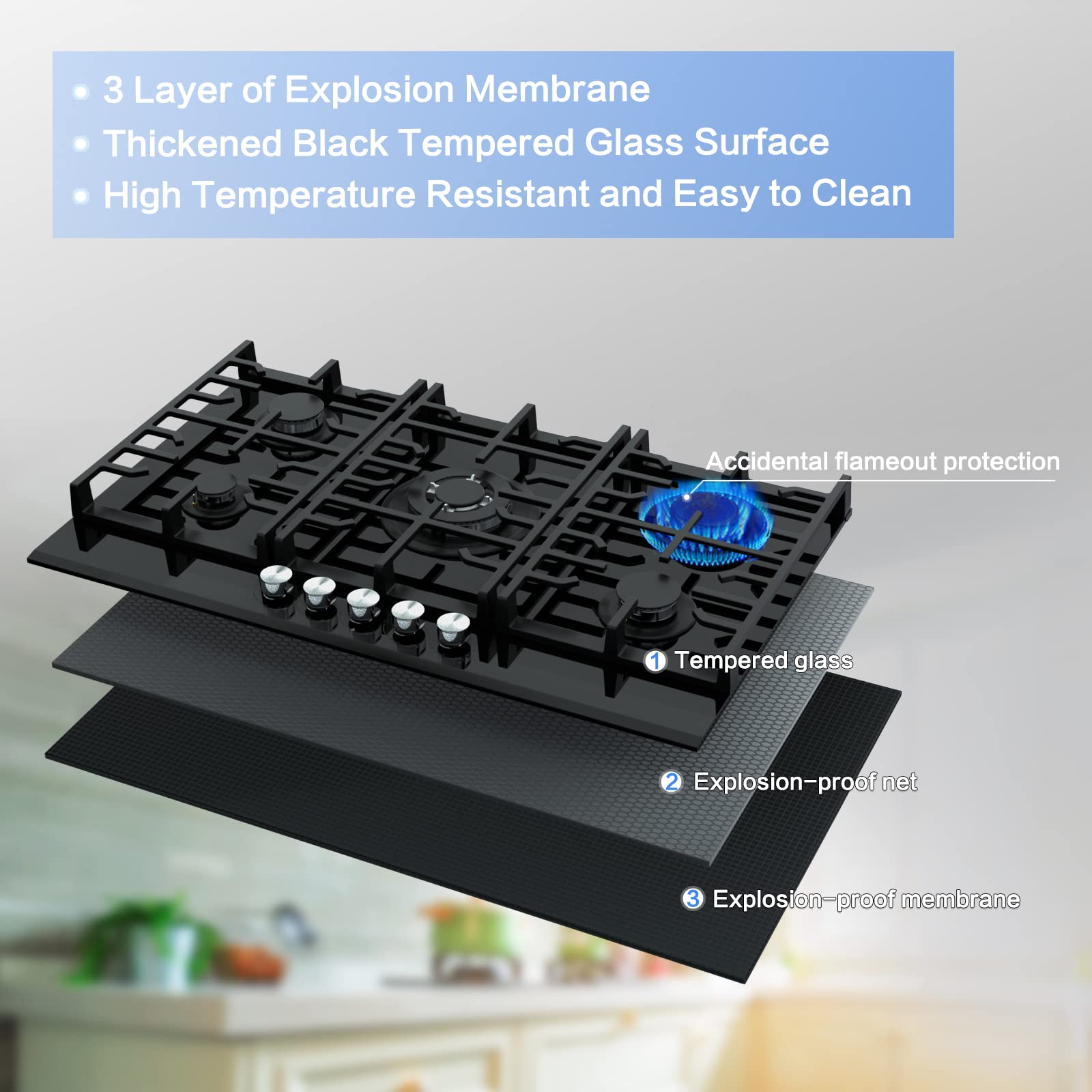 Davivy 34 inch Gas Cooktop,5 Burner Gas Stove Top,Built in All Black ...