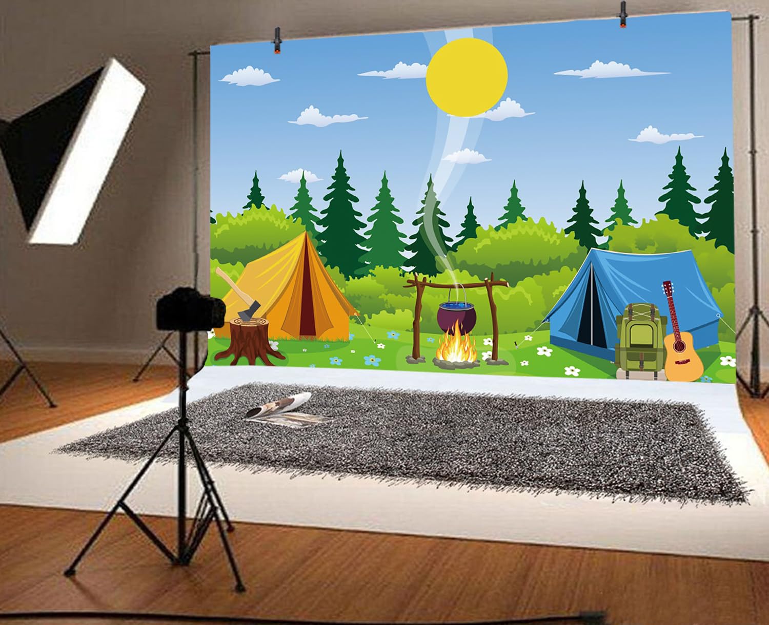 Camp Backdrop 16X7FT Camping Forest Scene Garage Door Decorations ...