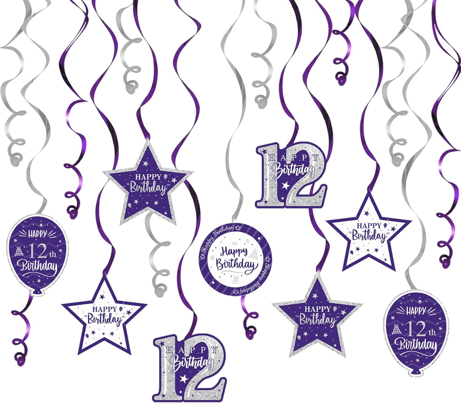 Amazon.com: Nelbiirth Happy 12th Birthday Purple & Silver Glitter ...