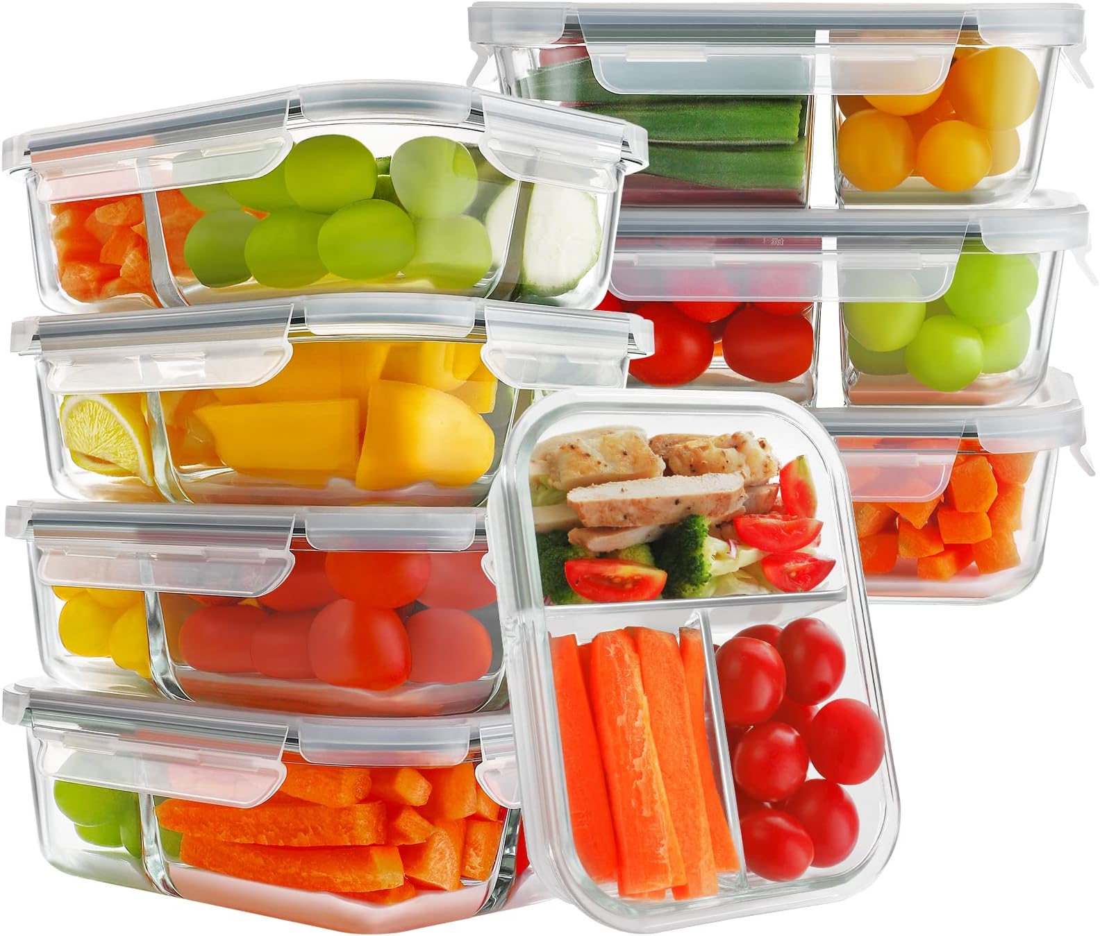 Amazon.com: HOMBERKING 8 Pack Glass Meal Prep Containers 3 Compartment ...