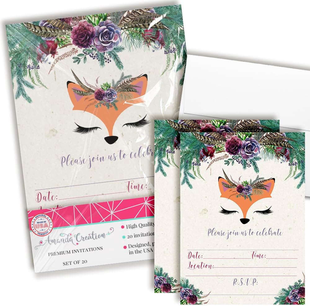 Amazon.com : Watercolor Woodland Fox Birthday Party Invitations for ...