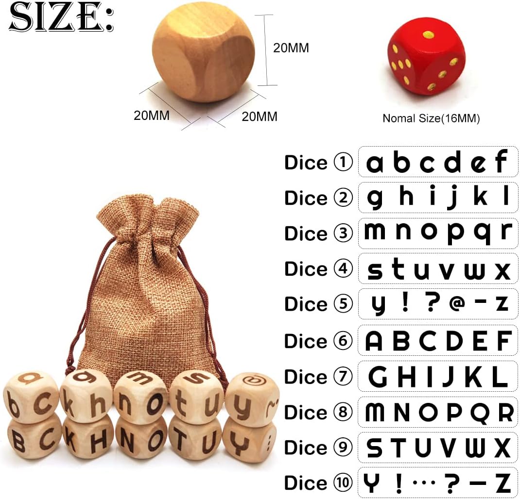 Juego de 10 dados creativos de madera de 0.787in, incluye 26 letras ...